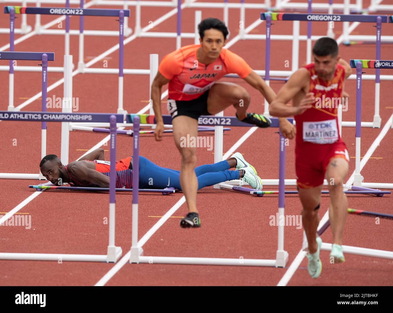 Daniel Roberts of the USA competing in the men’s 110m hurdles heat 3 at ...