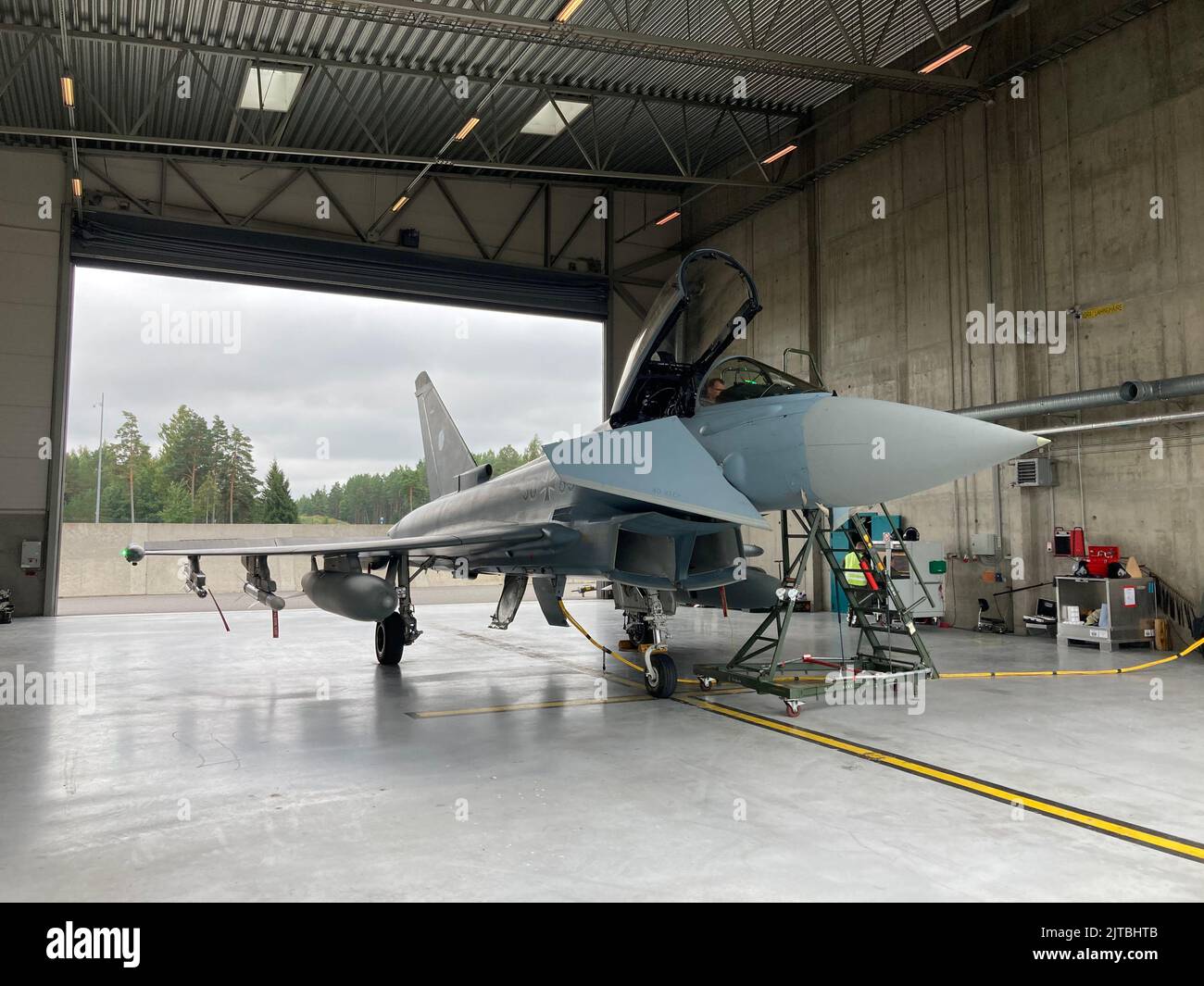 29 August 2022, Estonia, Ämari: An Air Force Eurofighter stands in a ...