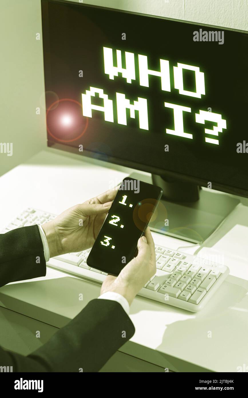 Text sign showing Who Am I. Word Written on Introduce Identify yourself ...