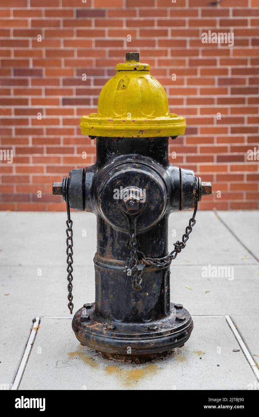 A fire hydrant with brick building on the background in Boston Stock ...
