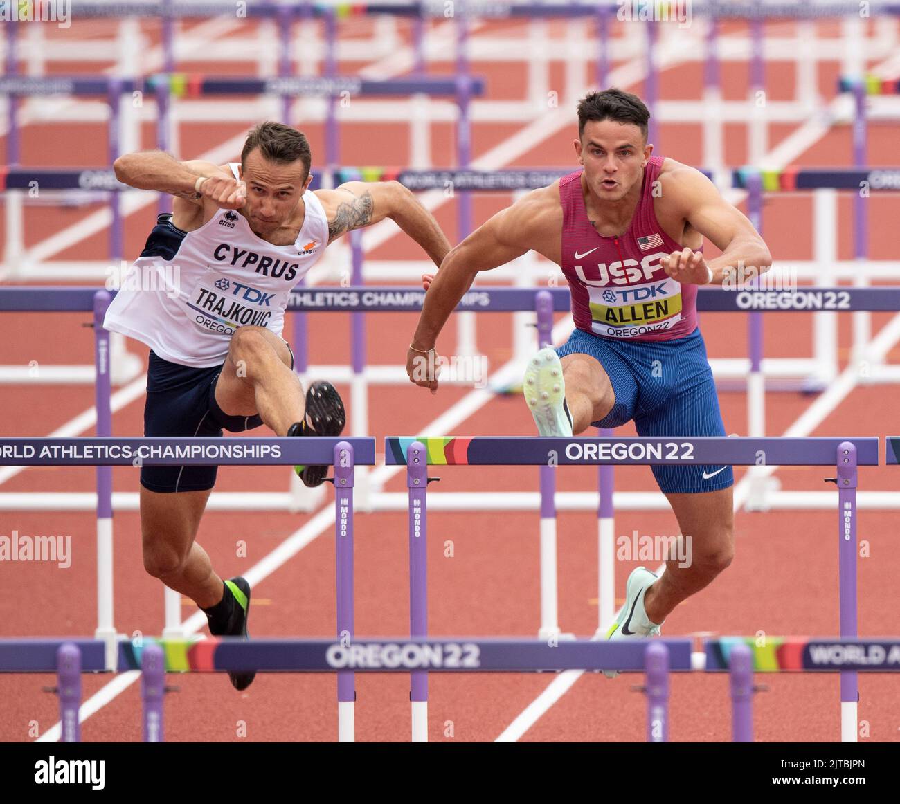 Milan Trajkovic of Cyprus and Devon Allen of the USA competing in the ...