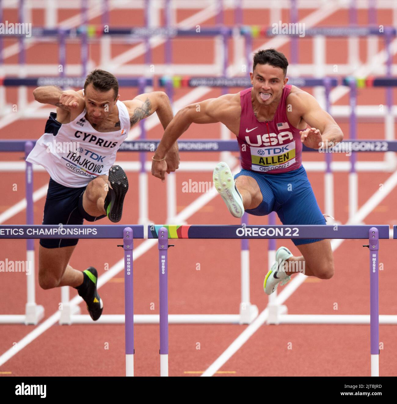 Milan Trajkovic of Cyprus and Devon Allen of the USA competing in the ...