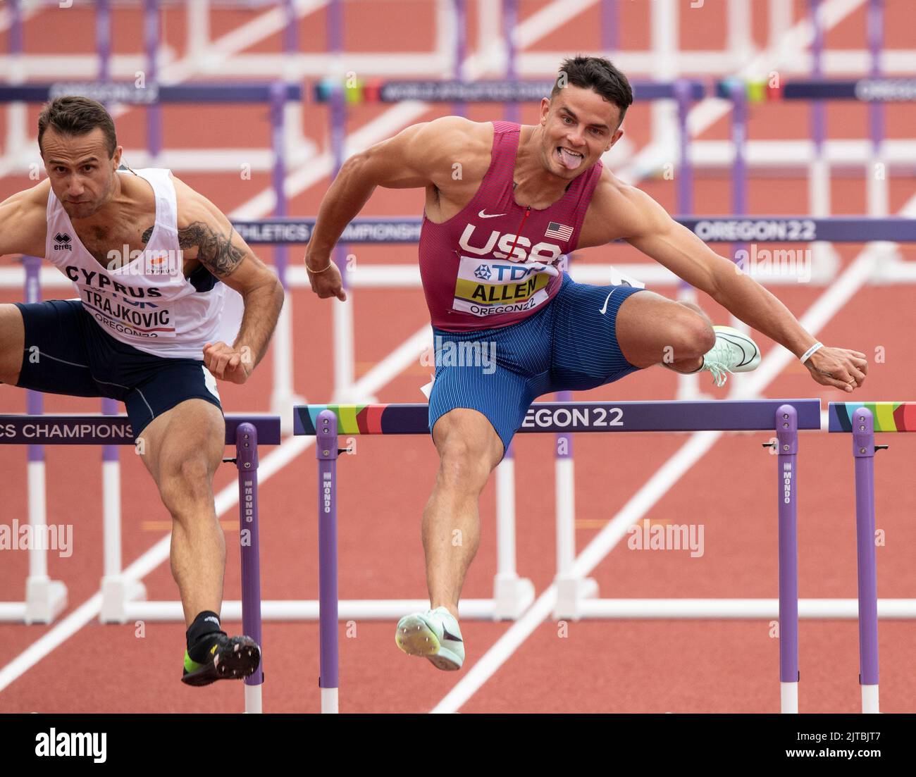Milan Trajkovic of Cyprus and Devon Allen of the USA competing in the ...