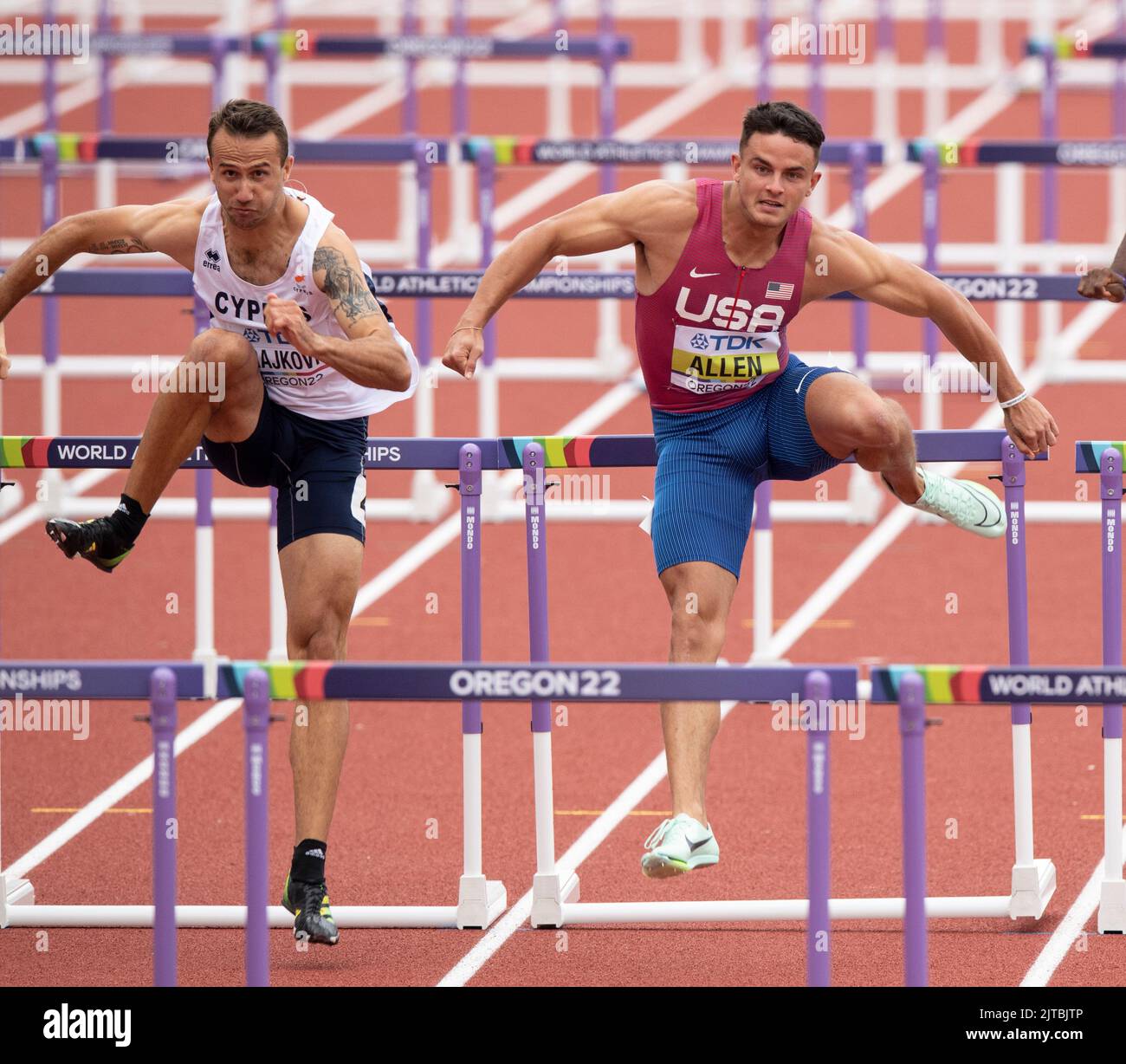 Milan Trajkovic of Cyprus and Devon Allen of the USA competing in the ...