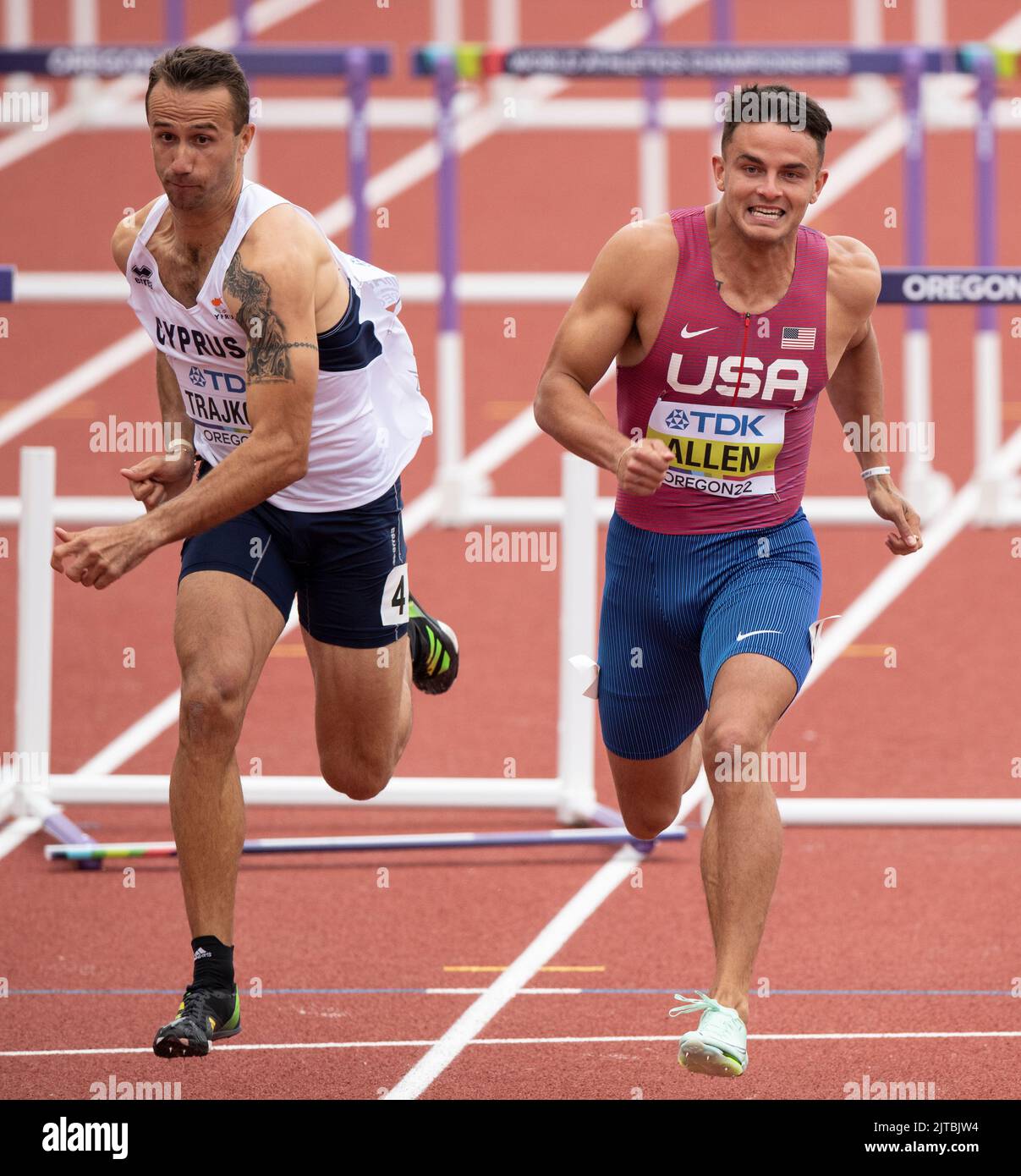 Milan Trajkovic of Cyprus and Devon Allen of the USA competing in the ...