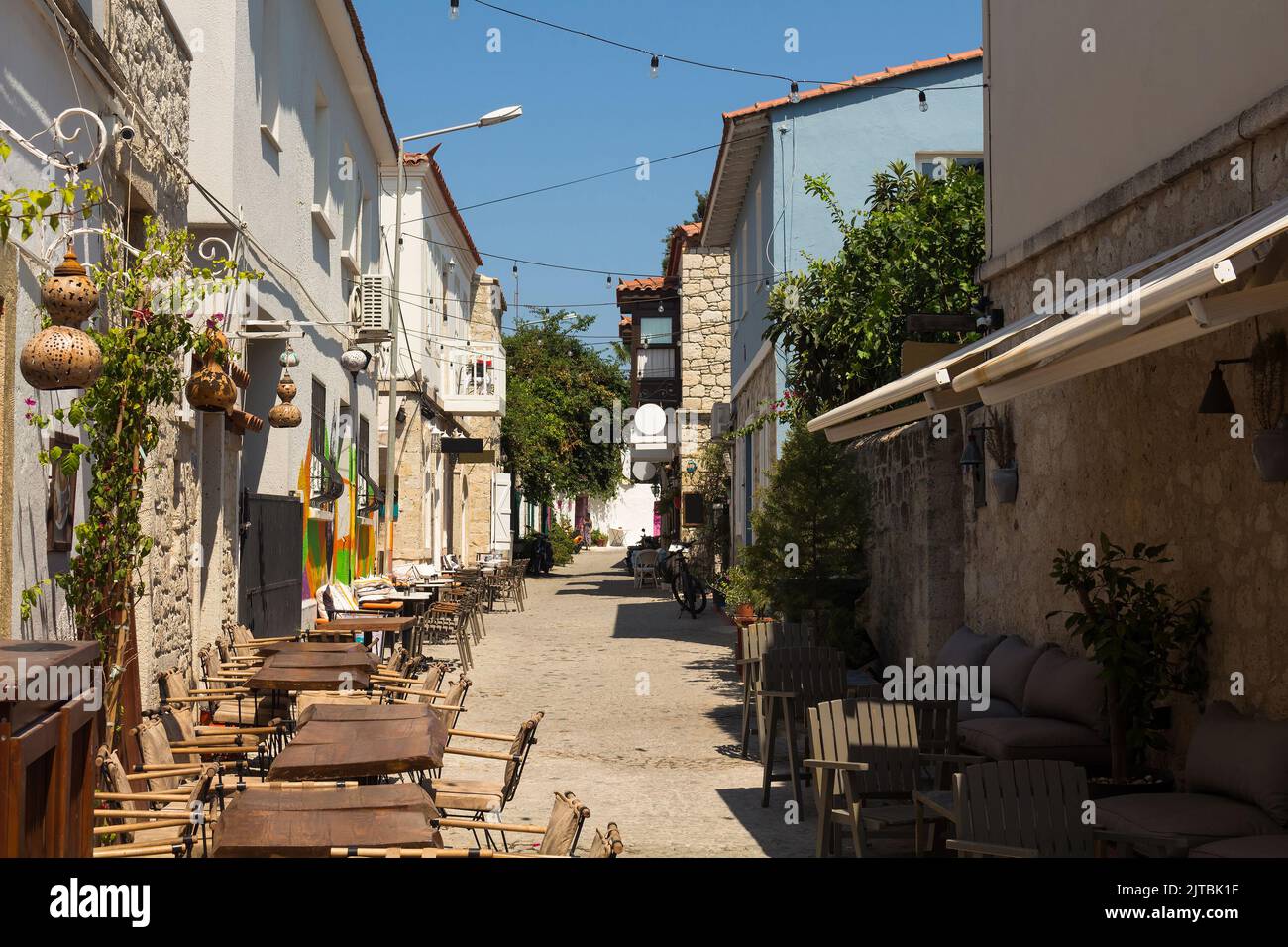 View of cafes and old, historical, traditional stone houses in famous ...