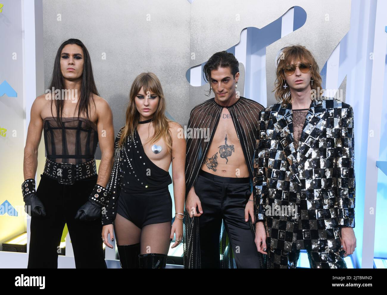 Newark, USA. 28th Aug, 2022. Ethan Torchio, Victoria De Angelis, Damiano David, and Thomas Raggi ...