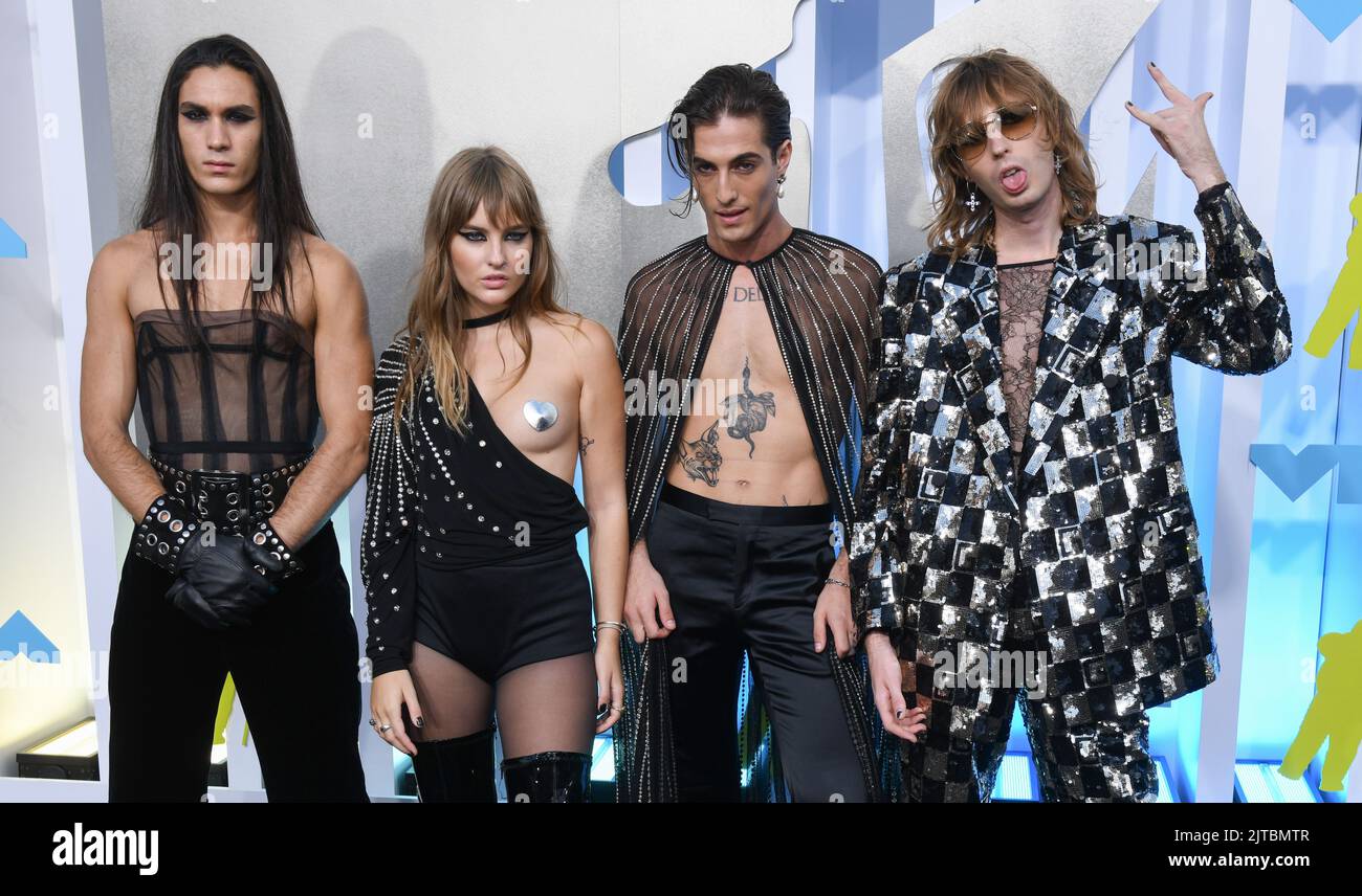 Newark, USA. 28th Aug, 2022. Ethan Torchio, Victoria De Angelis, Damiano David, and Thomas Raggi ...