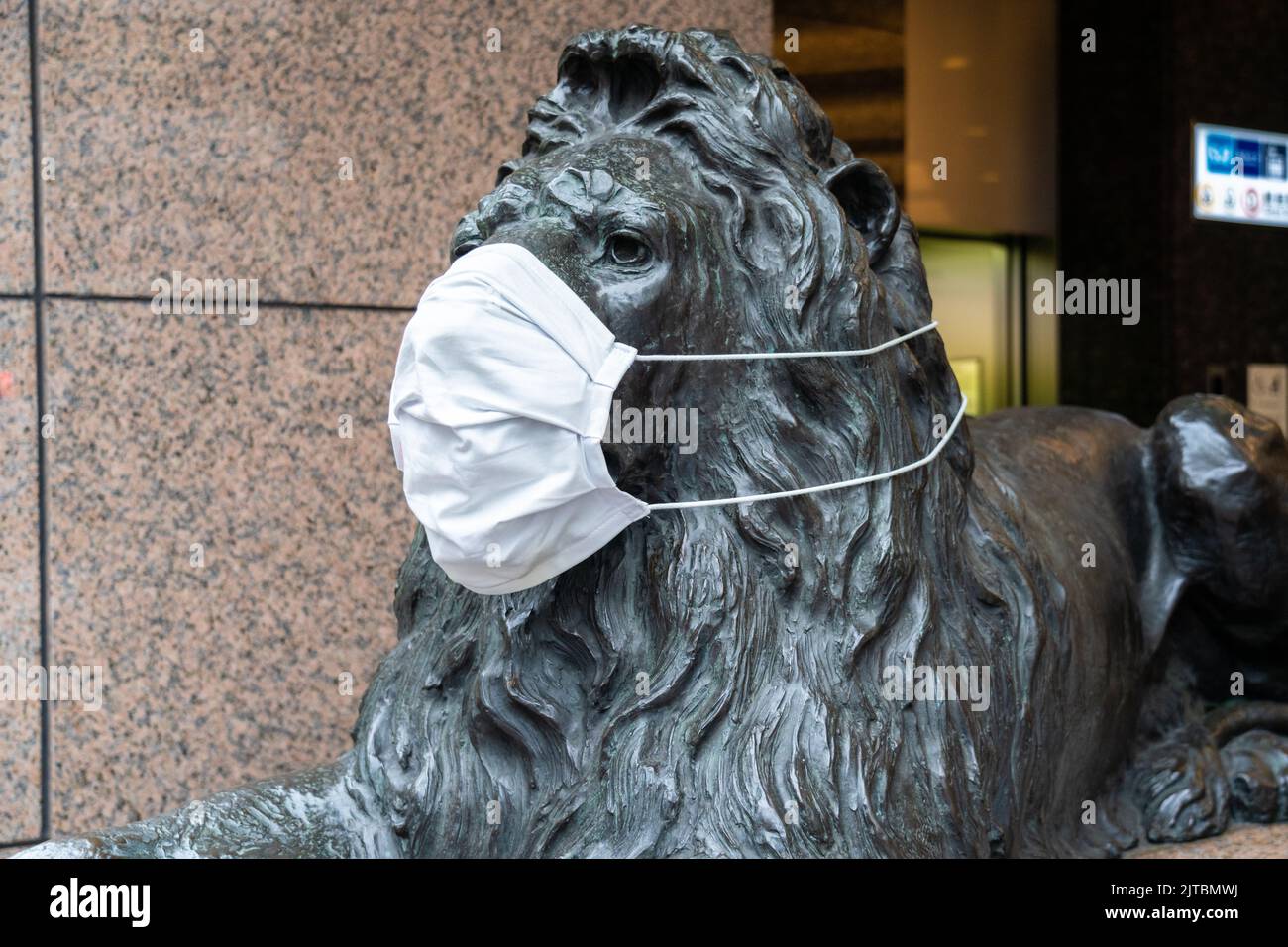 The Mitsukoshi Ginza bronze lion sculpture wearing a COVID-19 face mask ...