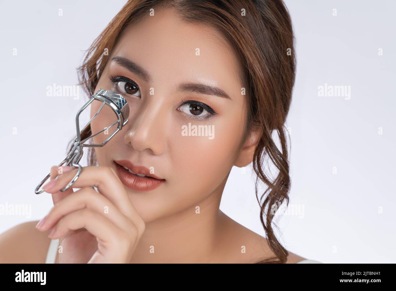 Closeup young gorgeous female model with healthy flawless fair skin and ...