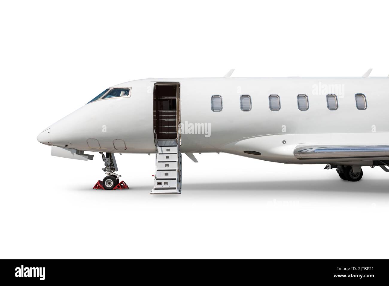 Close-up of the front of the modern white private jet with an opened ...