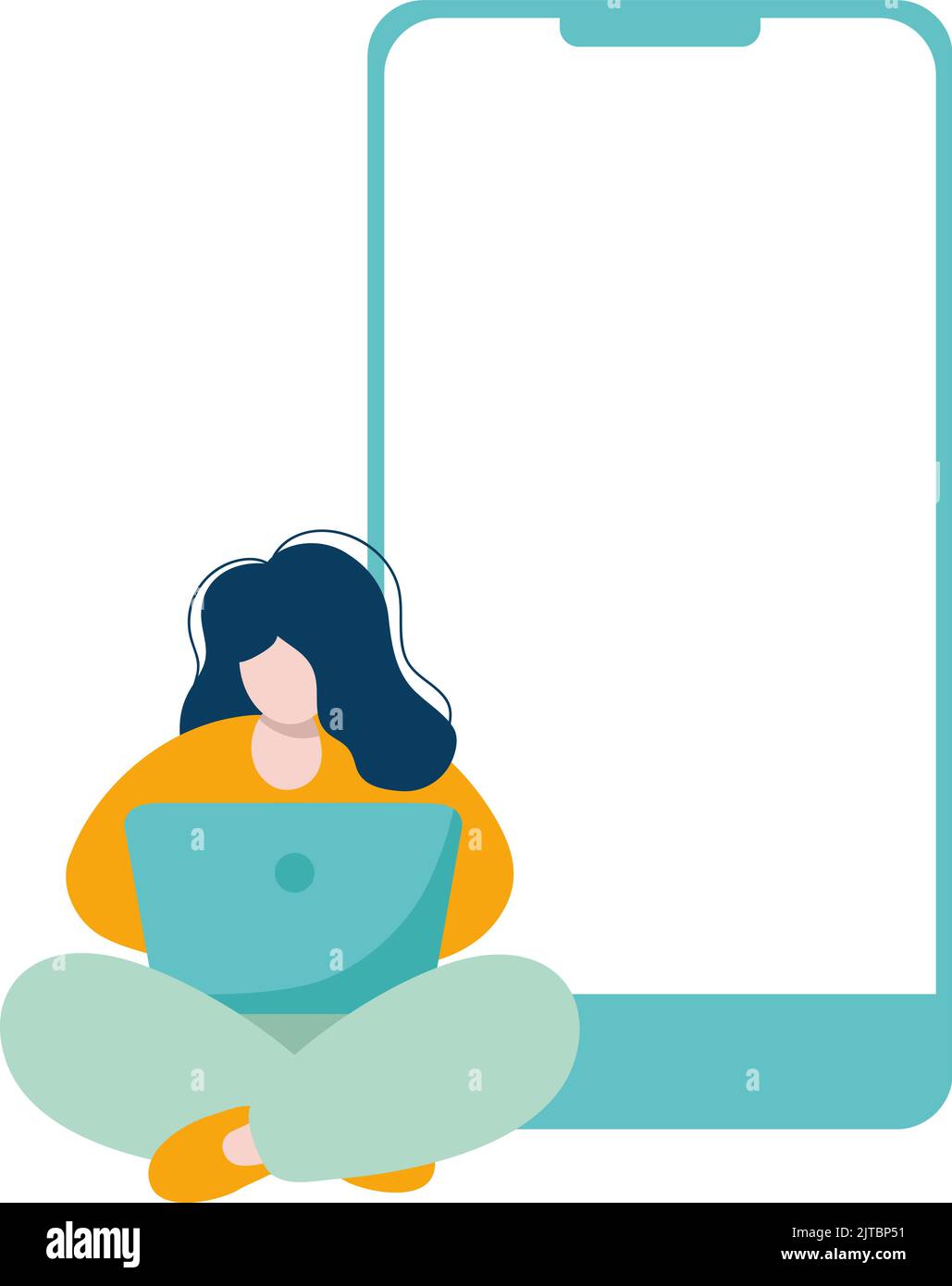 Tiny Woman sitting on floor with laptop and phone and working, hands typing a telephone message ...