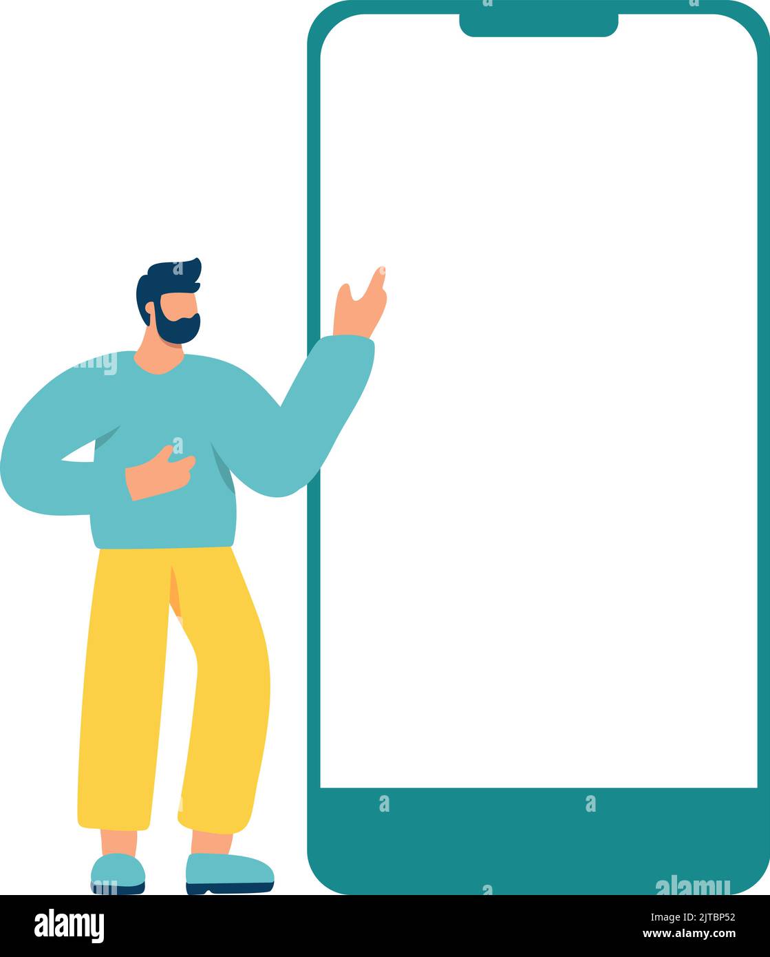 Vector tiny man standing and pointing at big blank smartphone screen ...
