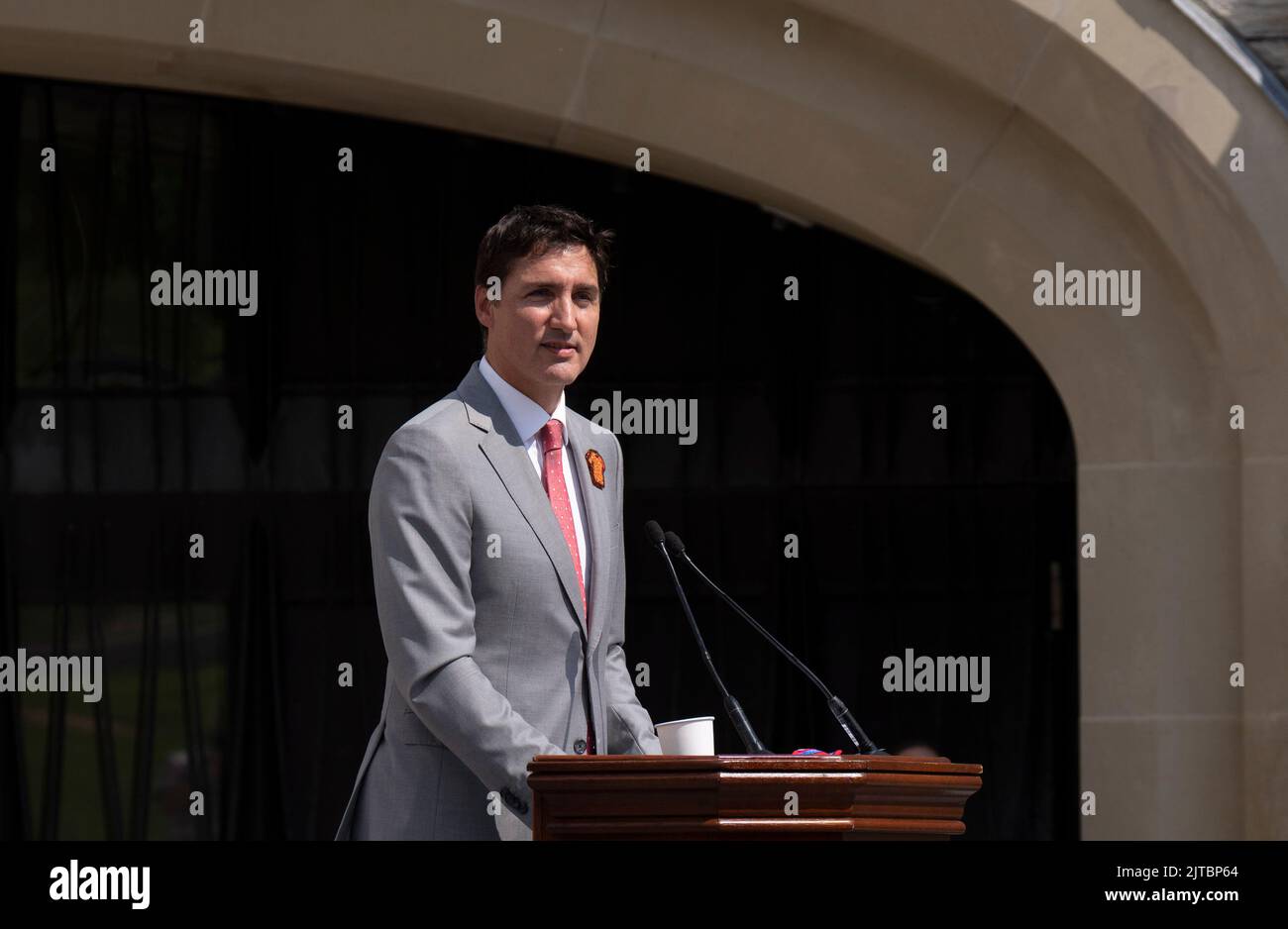 Canadian Prime Minister Justin Trudeau speaks during a flag raising ...