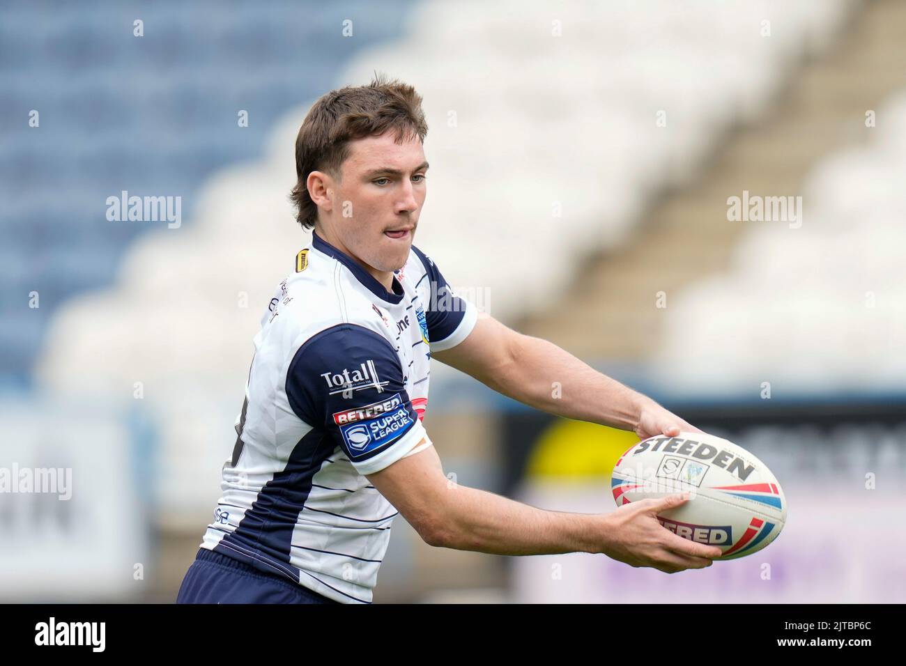 Adam Holroyd #37 of Warrington Wolves warms up before the match Stock ...