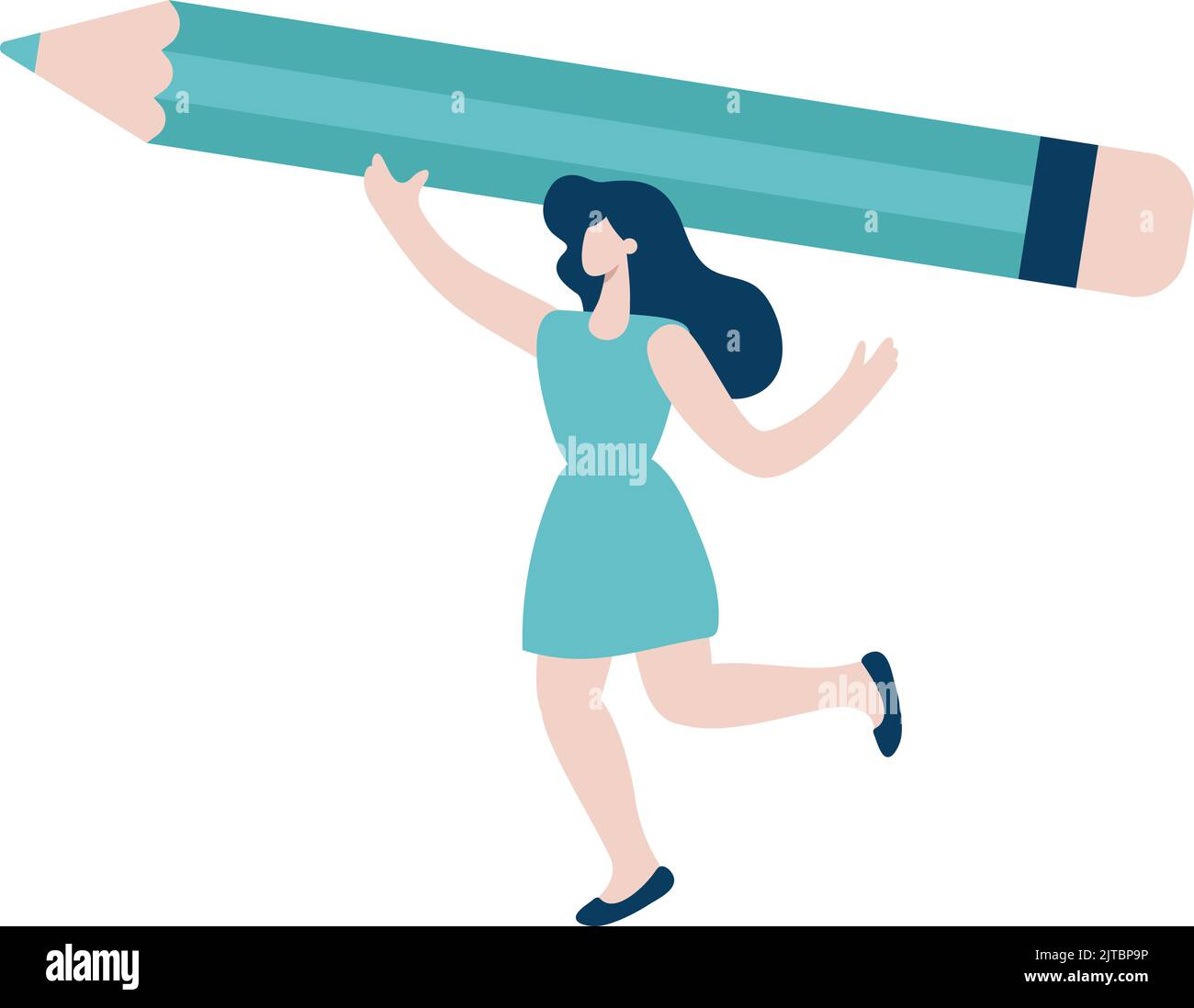 Tiny woman holding big turquoise pencil over her head. Concept of ... Tiny woman holding big turquoise pencil over her head. Concept of ...