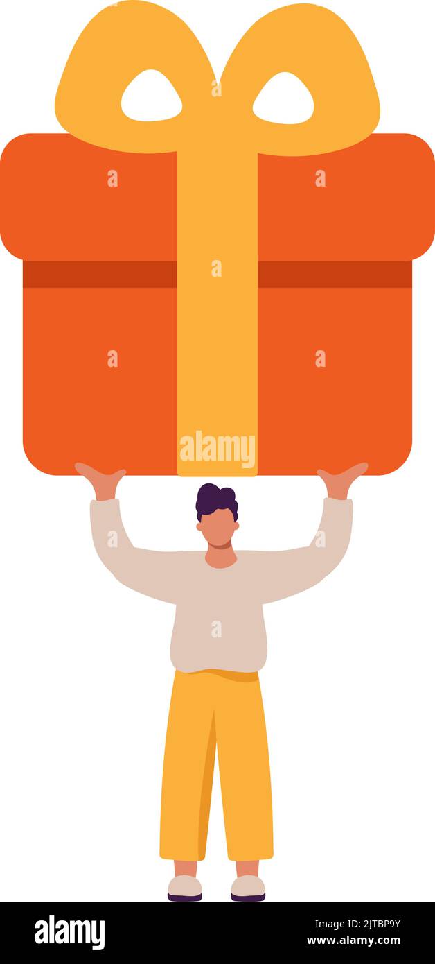 Cheerful tiny man carrying huge present box overhead. Male character ...