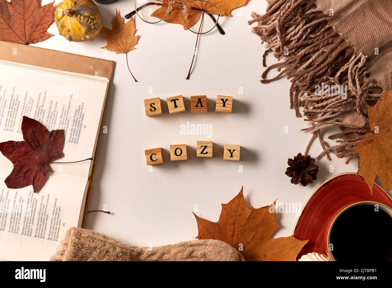 stay cozy words made of blocks and autumn staff Stock Photo - Alamy
