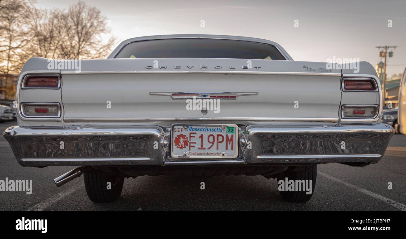 A rear view of restored old car after being cleaned and polished Stock ...