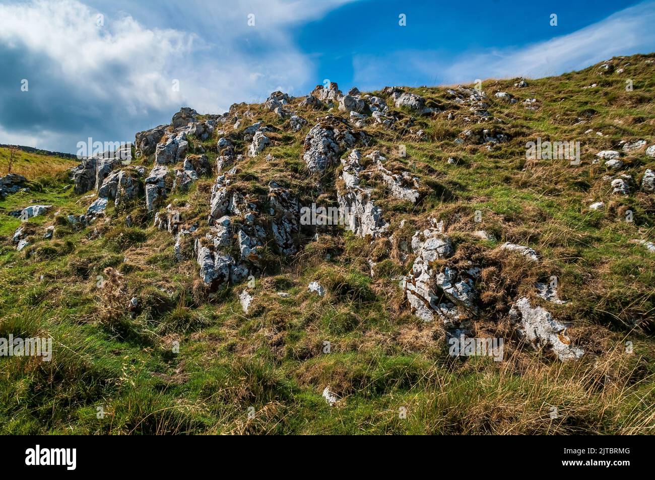 Natural karst landscape of exposed limestone high on a hill near ...