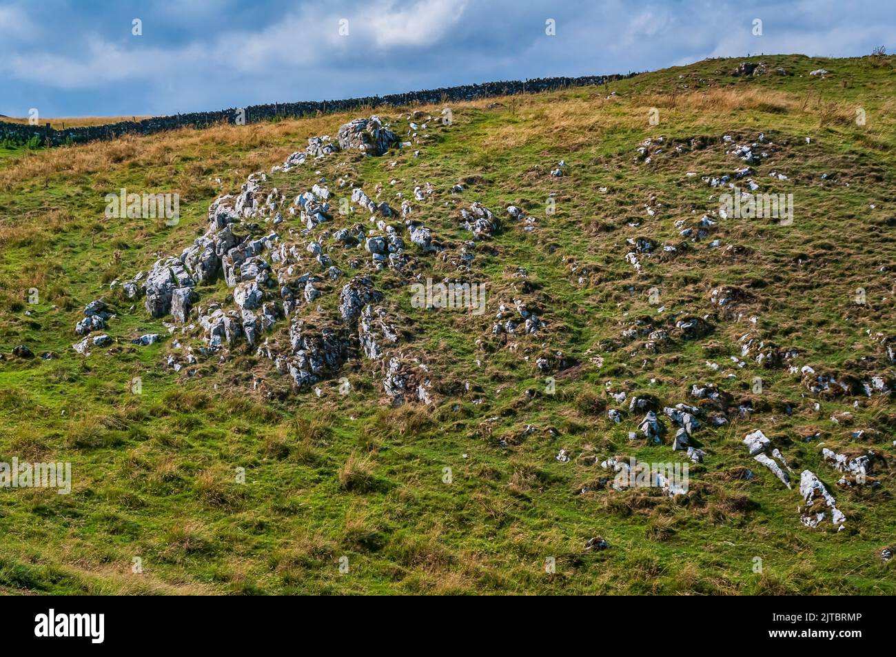 Natural karst landscape of exposed limestone high on a hill near ...