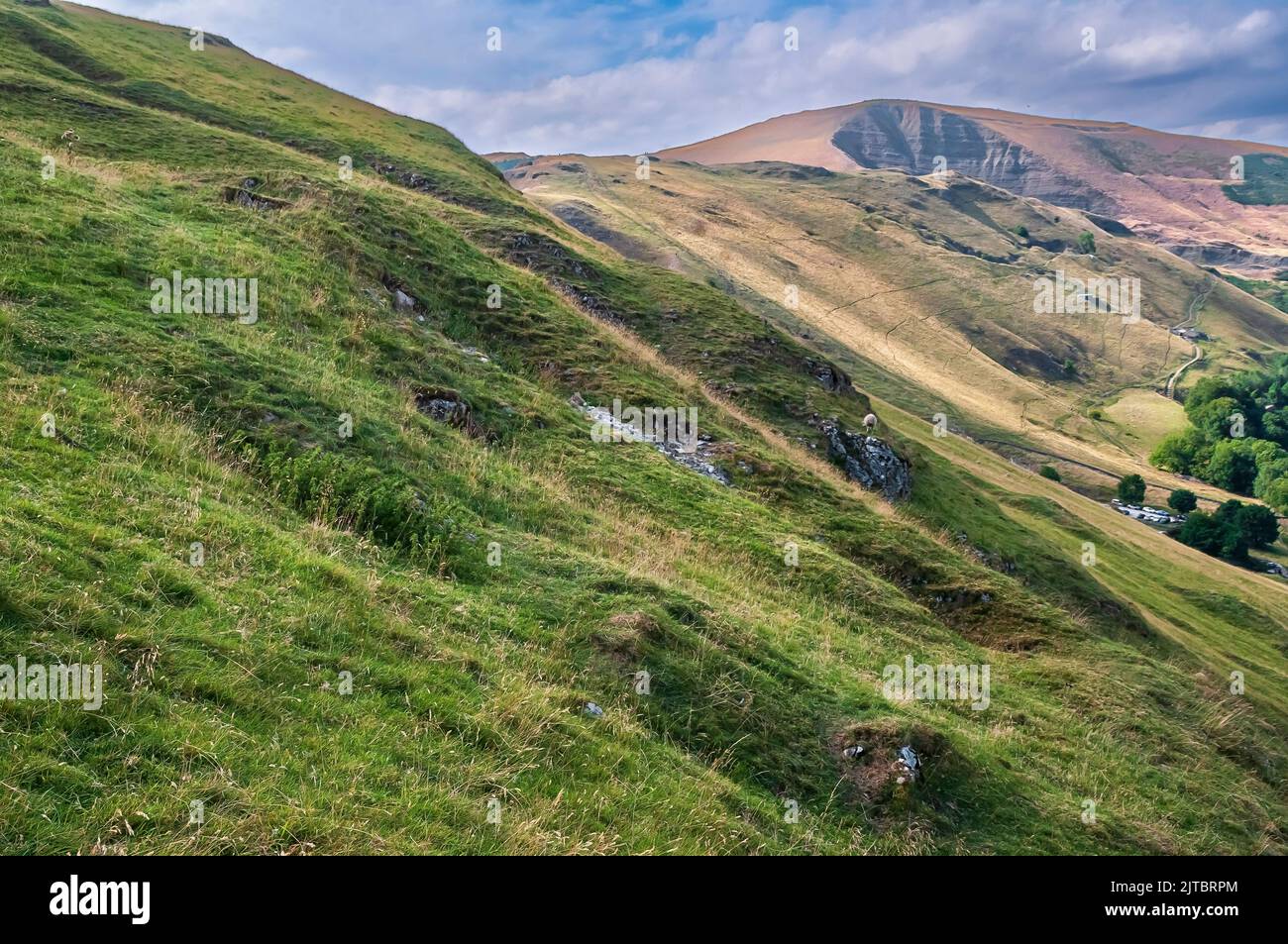 Workings from abandoned lead mines high on a hill near Castleton in the ...