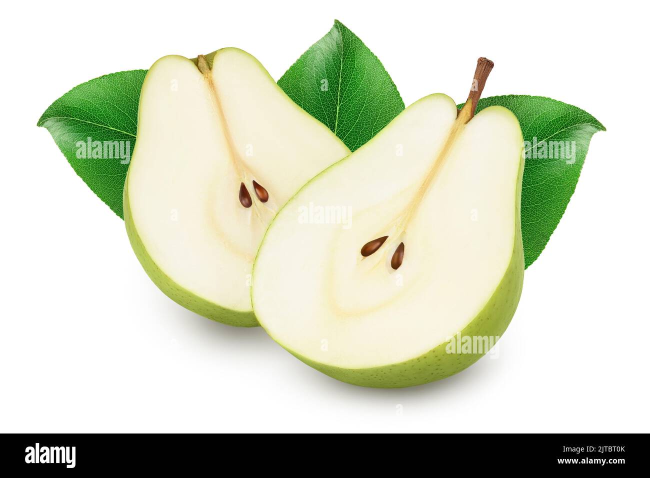 Green pear fruit half isolated on white background with full depth of ...