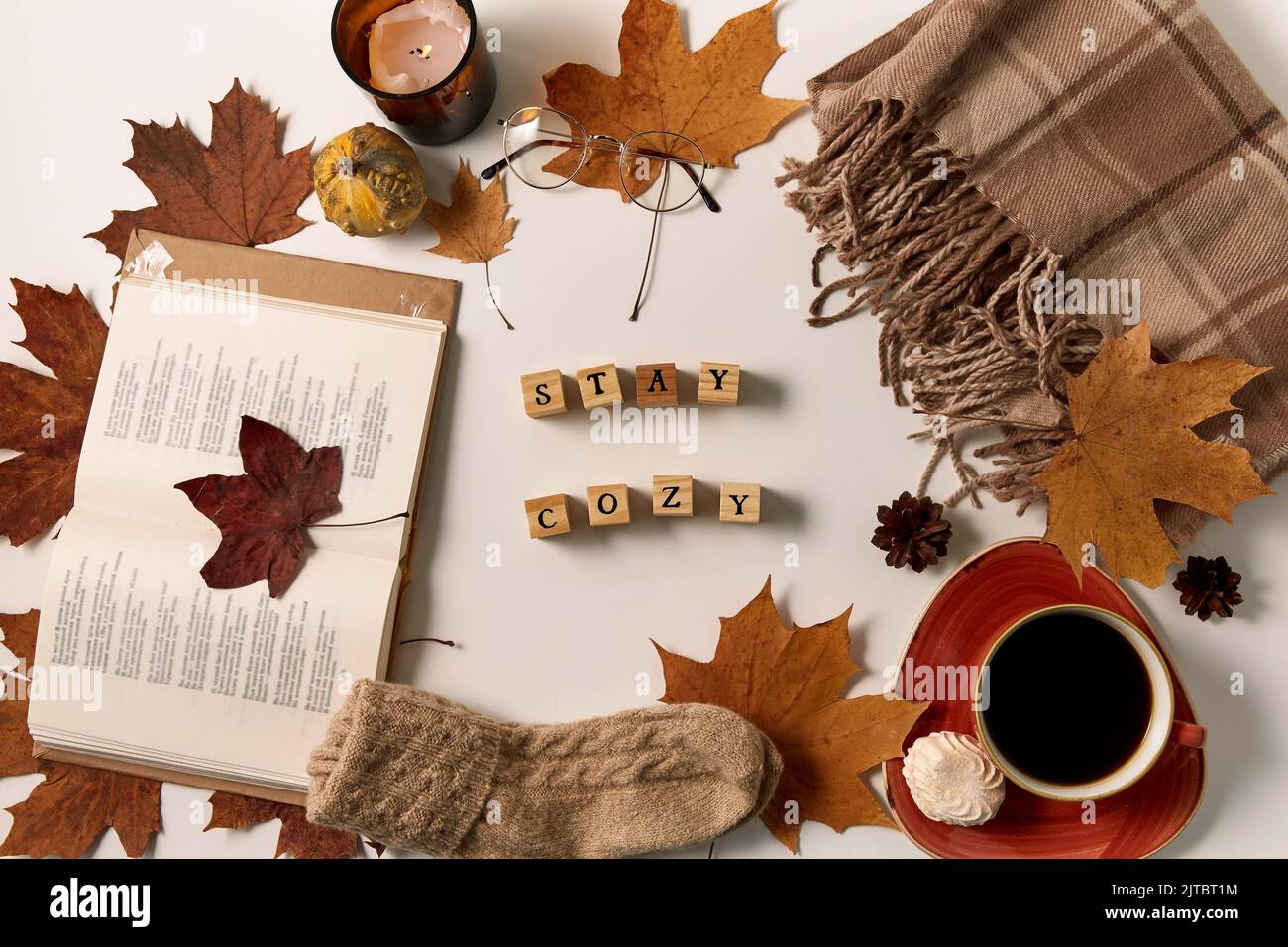 stay cozy words made of blocks and autumn staff Stock Photo - Alamy