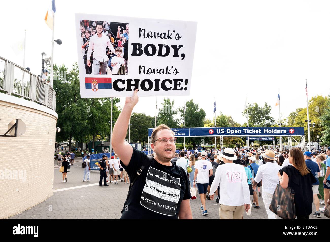 Flushing, New York, USA. 29th Aug, 2022. Man with a sign saying ''Novak ...