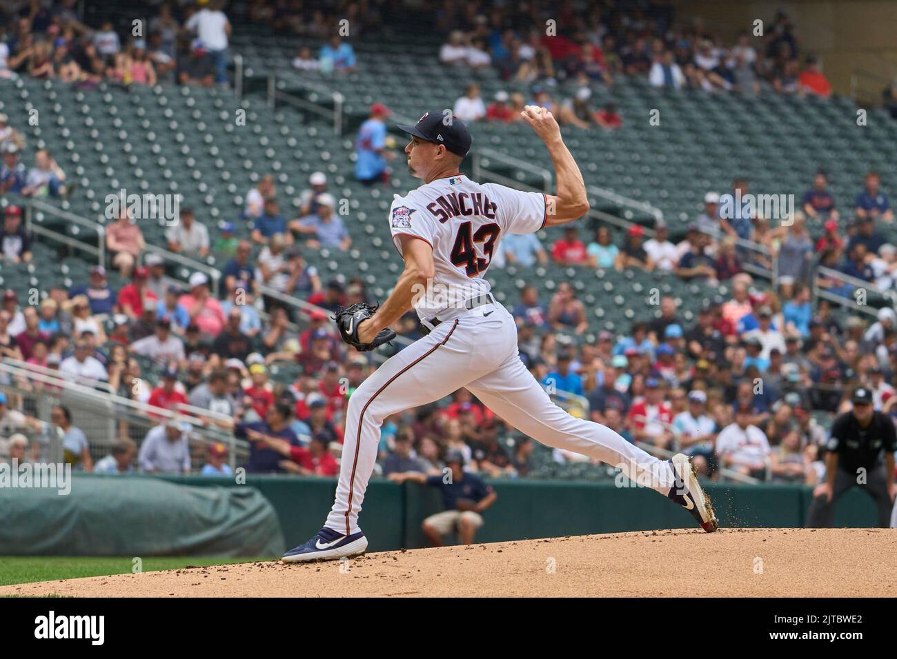 August 28 2022: Minnesota pitcher Aaron Sanchez(43) throws a pitch ...