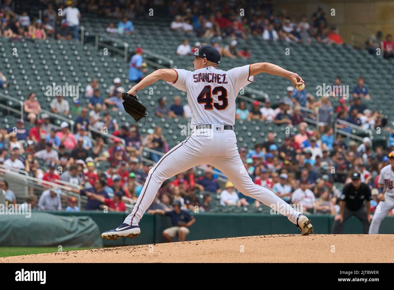 August 28 2022: Minnesota pitcher Aaron Sanchez(43) throws a pitch ...