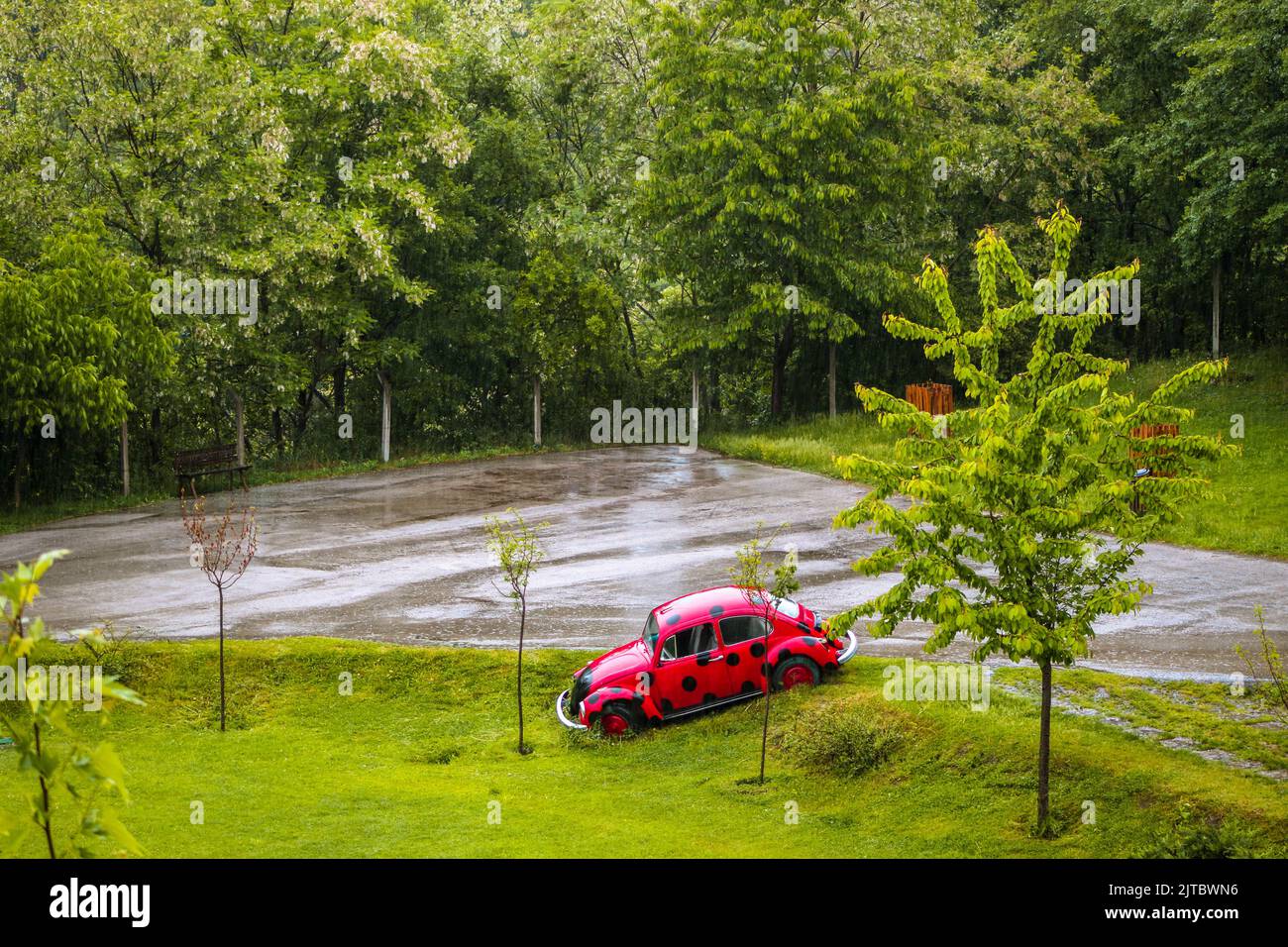 Bolu, Turkey - February 2021: Red vosvos car with black spots getting ...