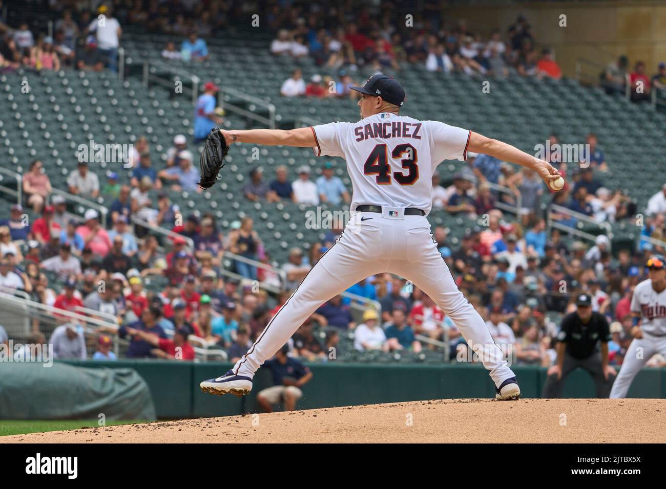 August 28 2022: Minnesota pitcher Aaron Sanchez(43) throws a pitch ...