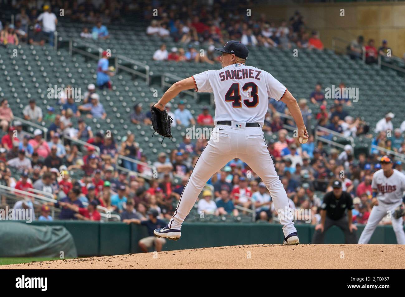 August 28 2022: Minnesota pitcher Aaron Sanchez(43) throws a pitch ...