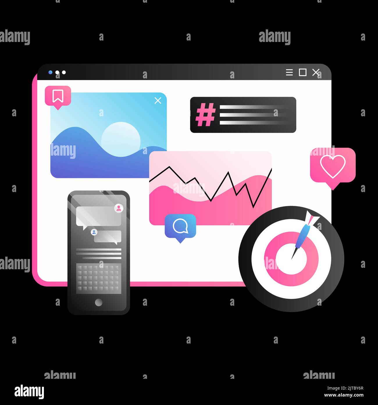 Marketing Target Screen Display. Pink Desktop Graphics. Vector ...
