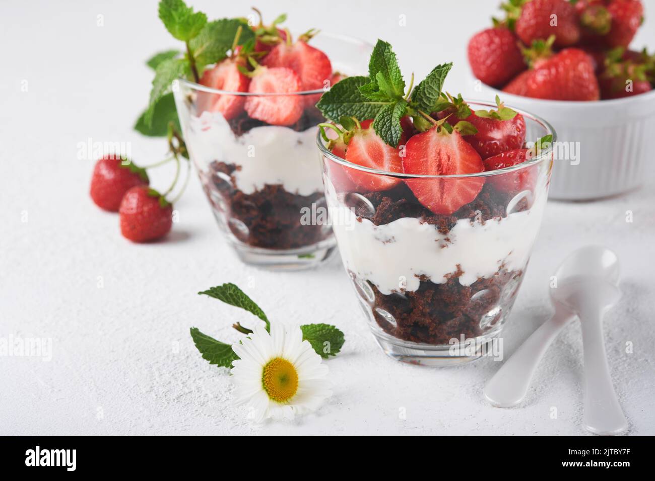 Trifles. Brownies, fresh strawberry and mascarpone cream servered in ...