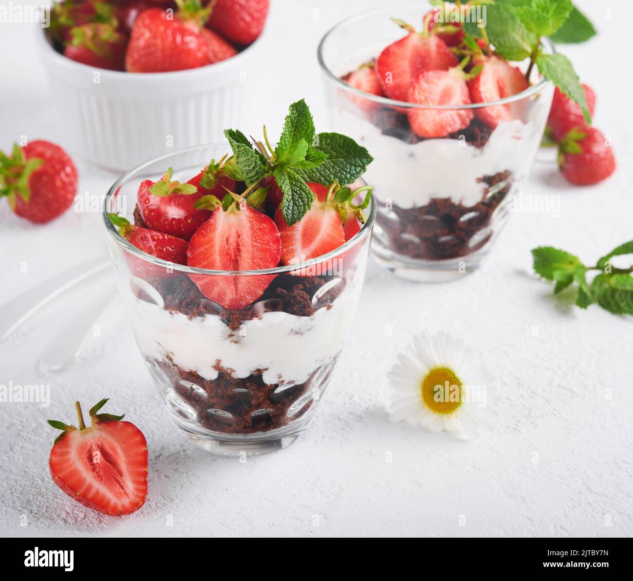 Trifles. Brownies, fresh strawberry and mascarpone cream servered in ...