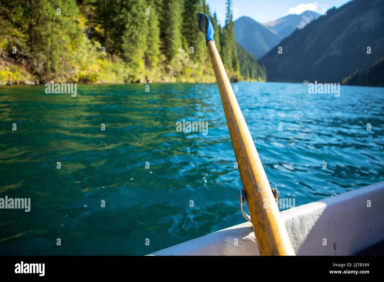 an oar from a boat on the background of a mountain lake Stock Photo - Alamy