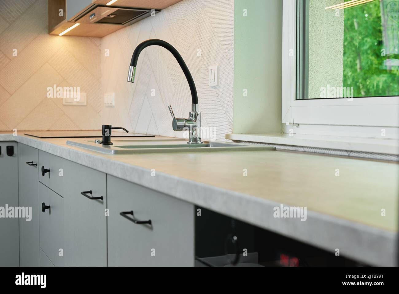 Modern kitchen with wooden furniture and appliances, Empty kitchen ...