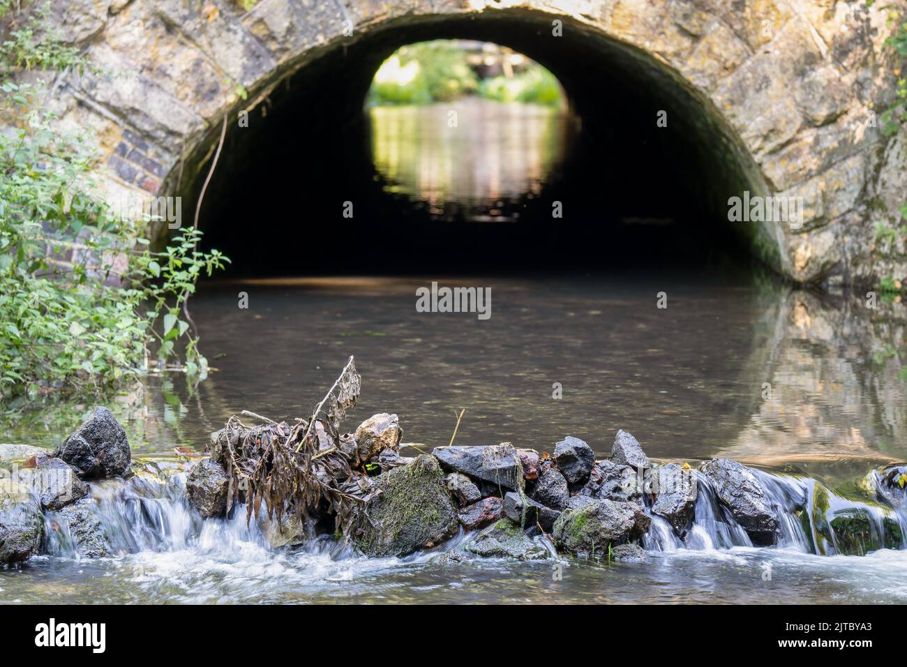 close-up of a chalk stream river flowing out of a stone arched tunnel ...