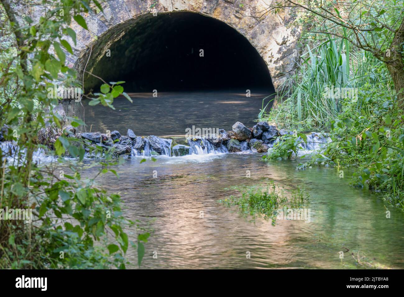 close-up of a chalk stream river flowing out of a stone arched tunnel ...