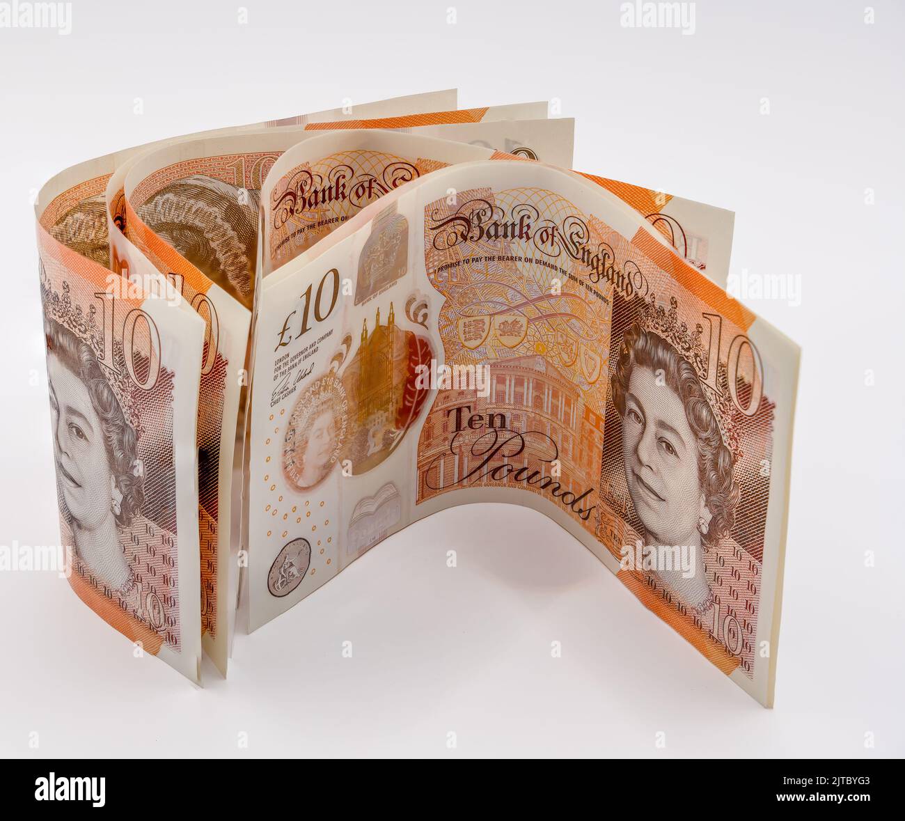 detailed close-up of several new plastic ten pound sterling notes Stock ...