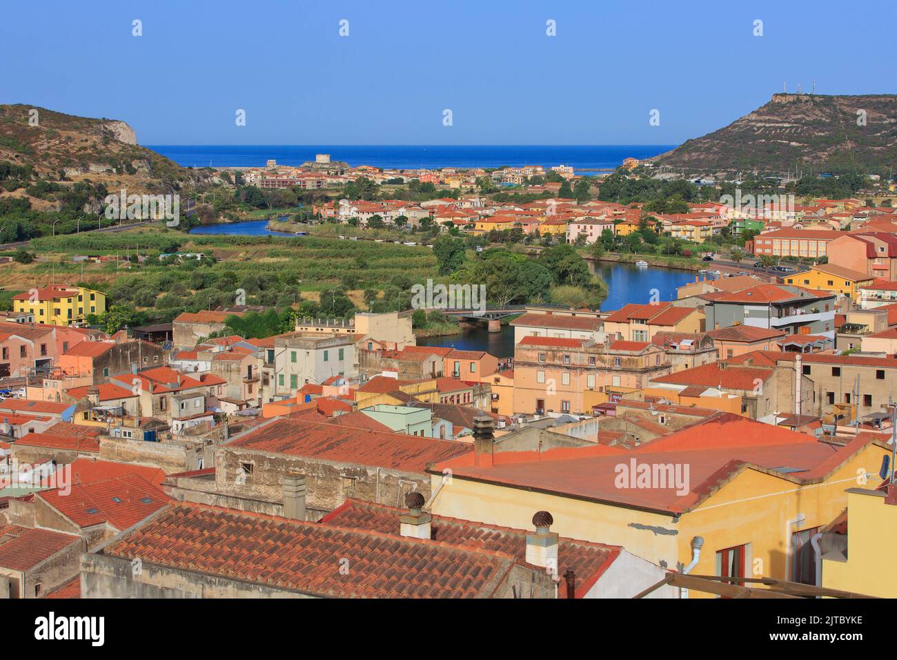 A panoramic view across the colorful town of Bosa at Bosa Marina ...