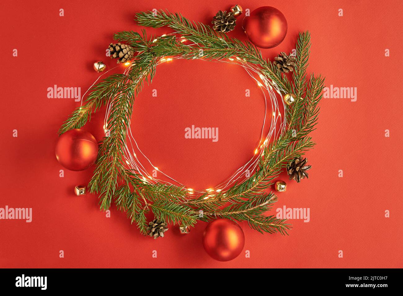 Christmas circle composition with fir tree branches and lighting ...