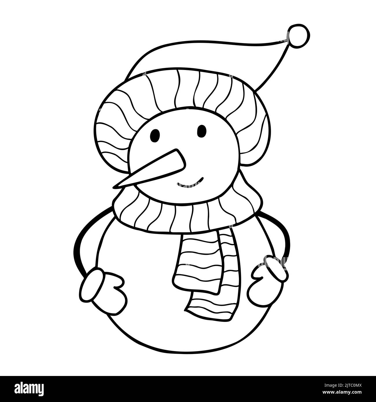 Cute snowman with knitted hat and scarf. Vector linear hand drawn ...