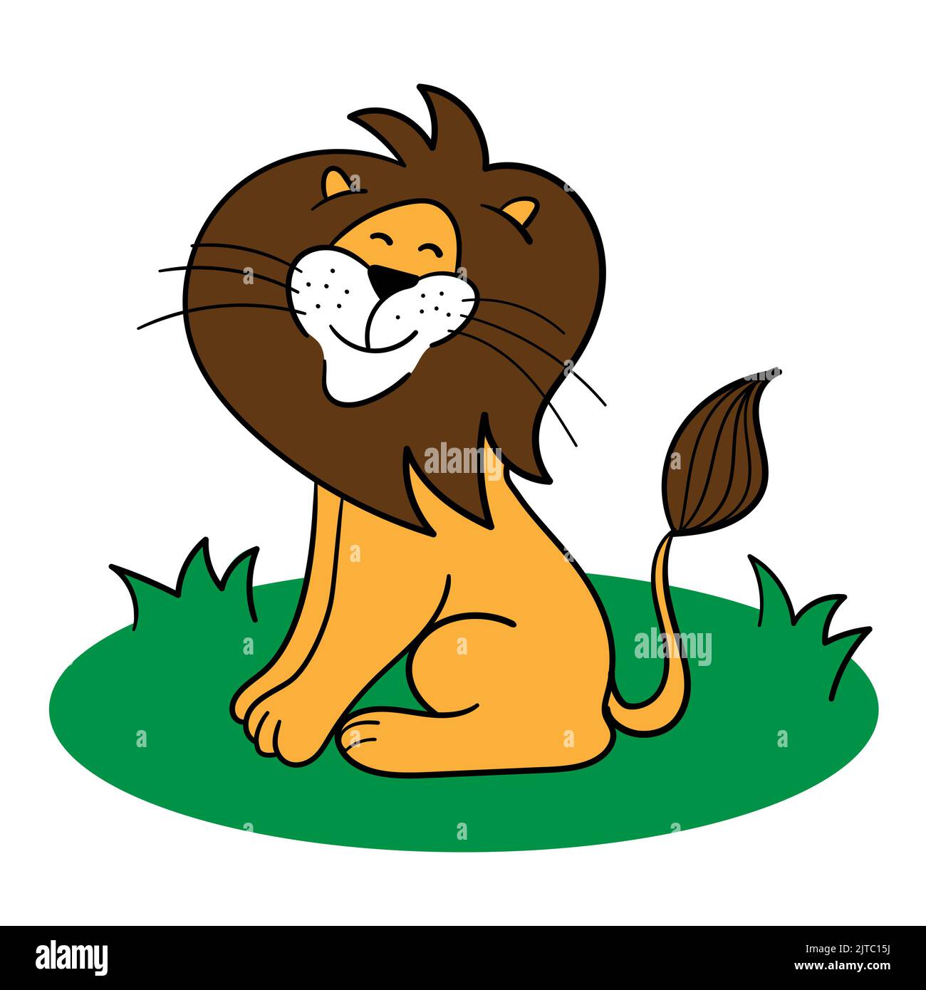 Cute lion cartoon. A smiling lion is sitting on the green grass ...