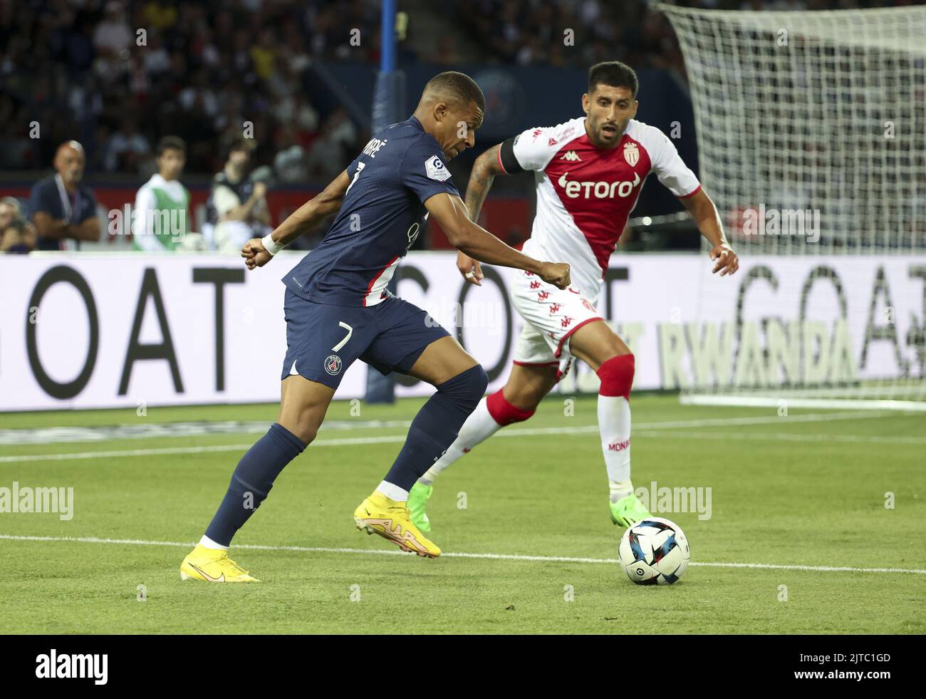 Kylian Mbappe of PSG, Guillermo Maripan of Monaco during the French ...