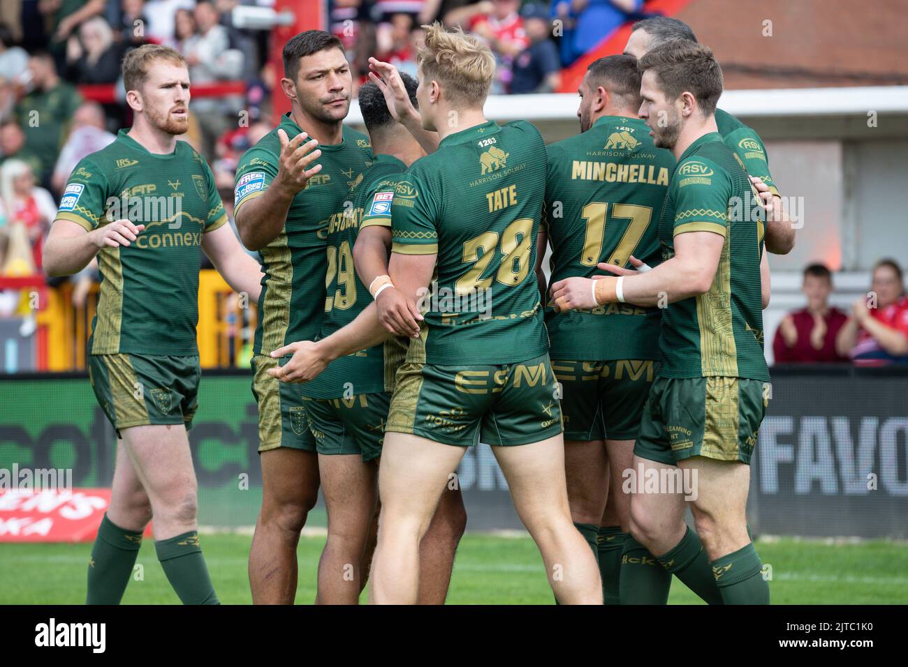 Will Tate #28 of Hull KR celebrates his try and makes the score 4-0 ...