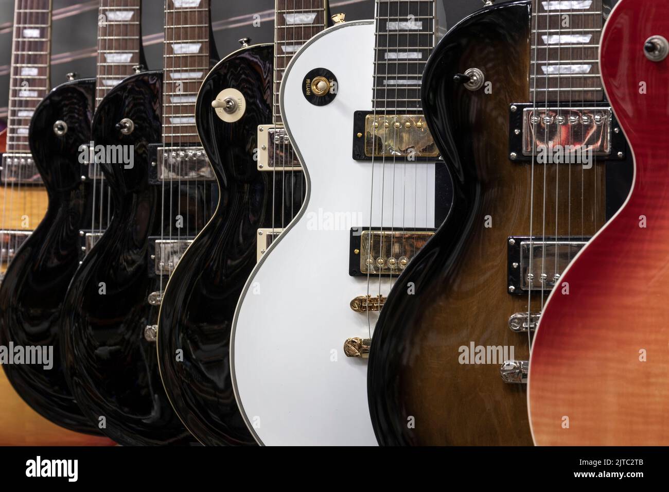 Muncie Circa August 2022 Gibson Les Paul Guitar Display At A Music