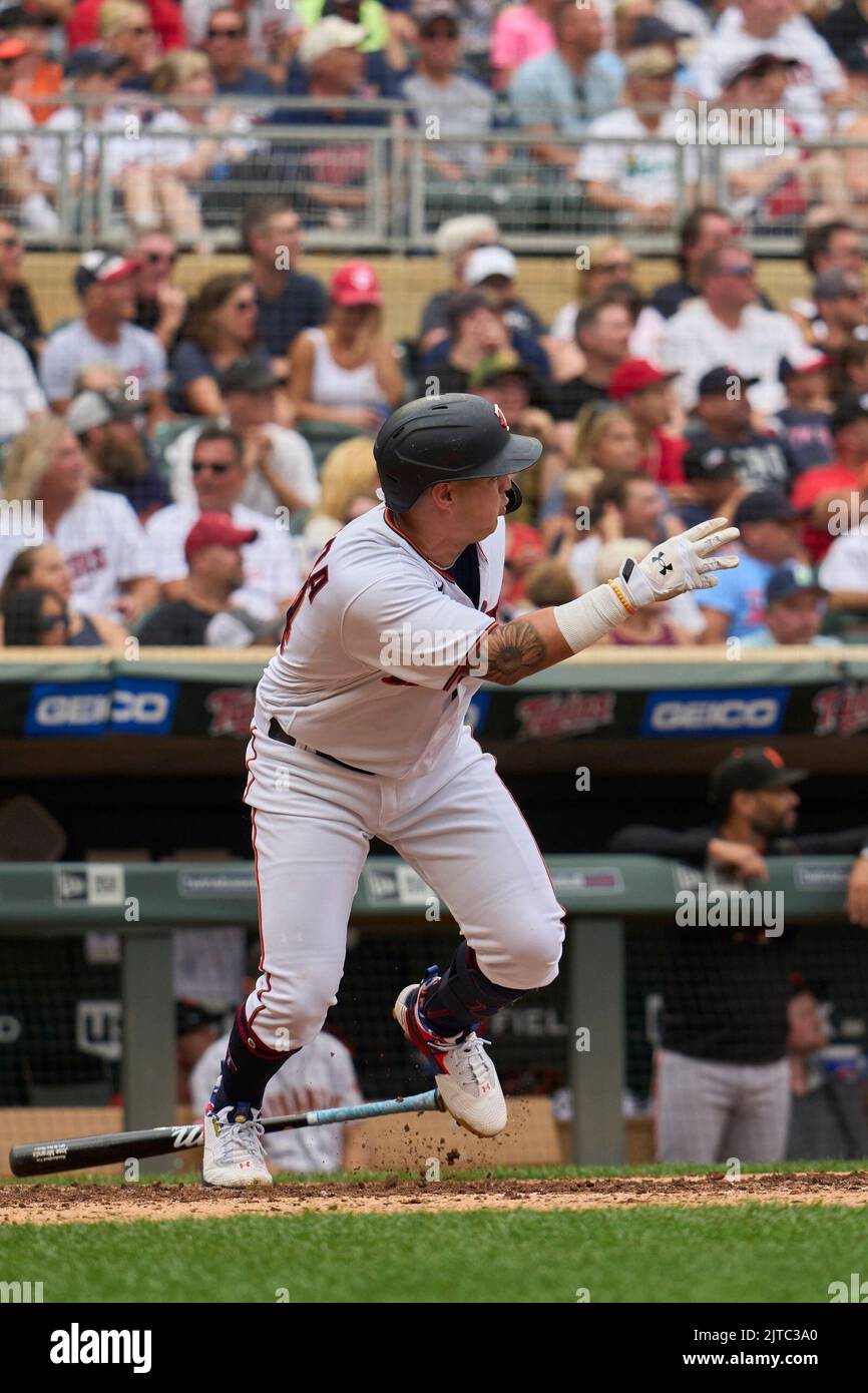 August 28 2022: Minnesota designated hitter Jose Miranda (64) gets a ...